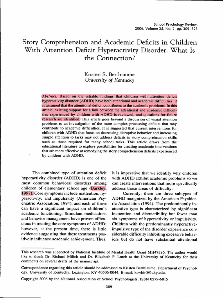 READ Berthiaume_2006 | PDF | Reading Comprehension | Attention Deficit ...