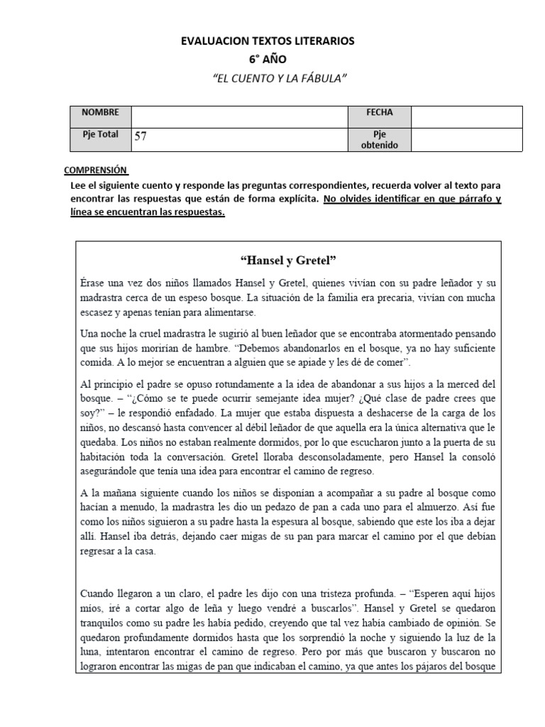 Evaluacion Cuento - Fbábula 6° Básico | Descargar gratis PDF | Hansel y Gretel