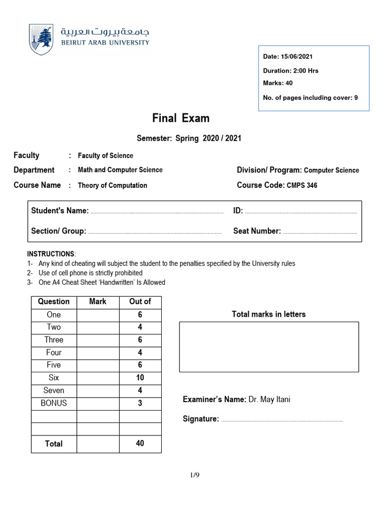 Final Theory Spring 2021 | Download Free PDF | Theoretical Computer Science | Syntax (Logic)