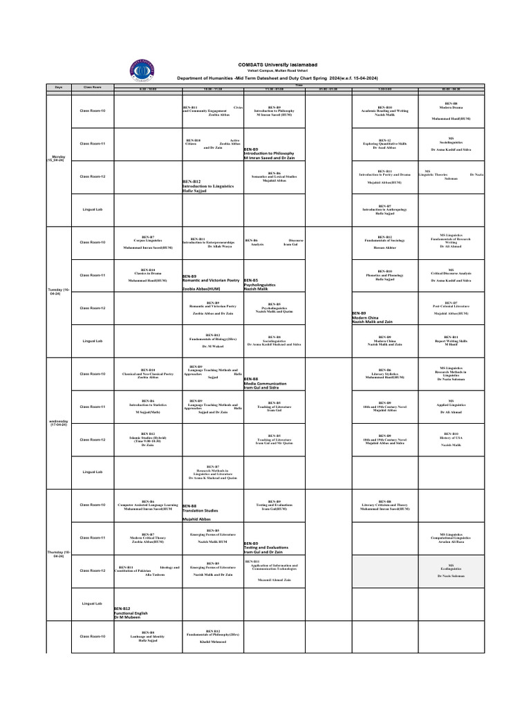 Updated Final Mid Term Date Sheet and Duty Chart SP24 | PDF | Linguistics | Liberal Arts Education