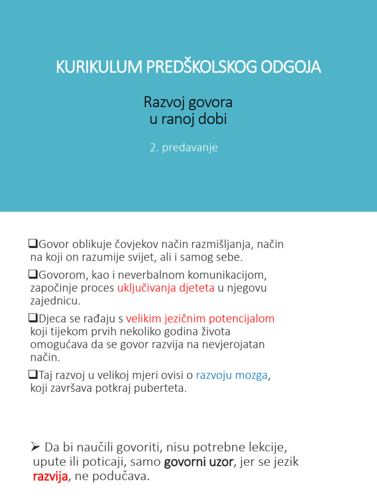 Predavanje - Razvoj Govora U Ranoj Dobi | PDF