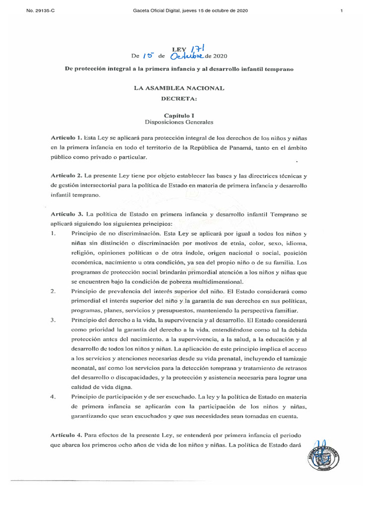 Panama Ley Ndeg 171 de 2020 Proteccion Integral A La Primera Infancia y ...