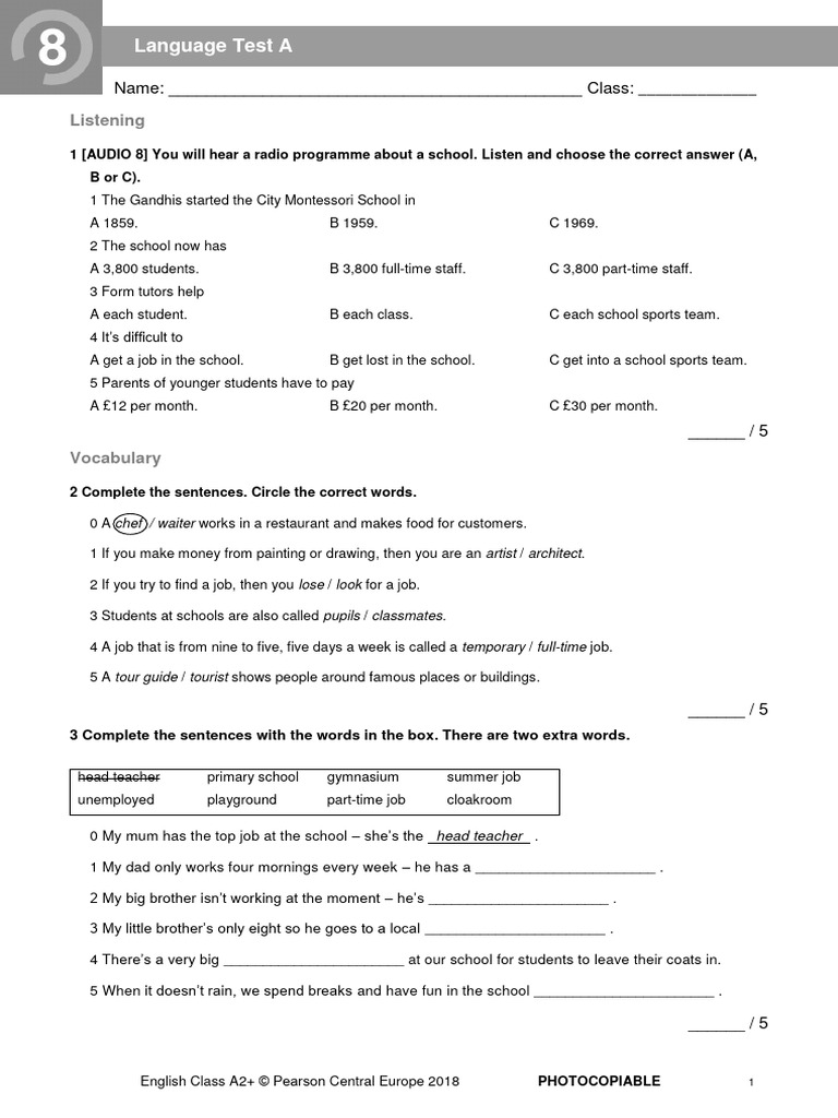 ECA2+ Tests Language Test 8A 2018 | PDF