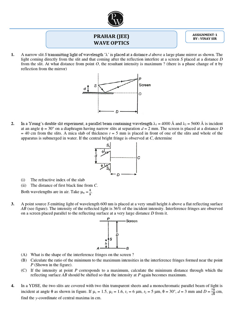 Wave Optics - Assignment - 01 | PDF | Wavelength | Optics