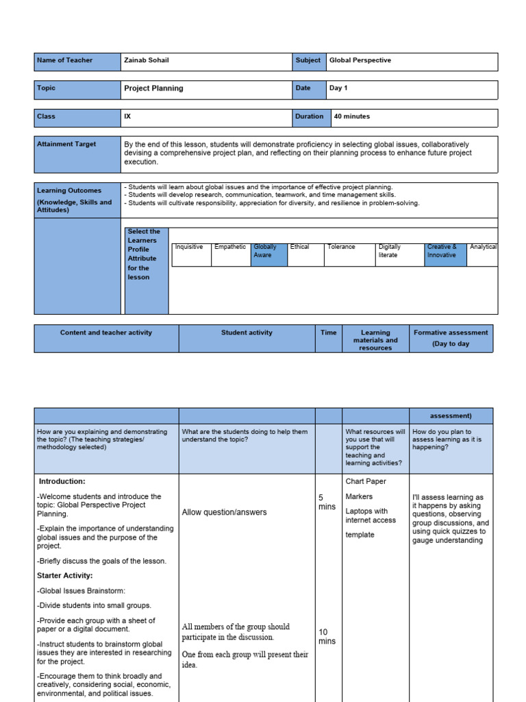 Global Perspective Lesson Plan | PDF | Learning | Educational Assessment