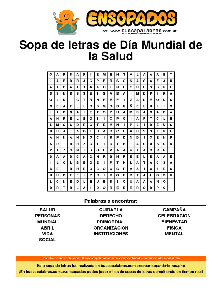 Sopa de Letras: Día Mundial de la Salud | PDF