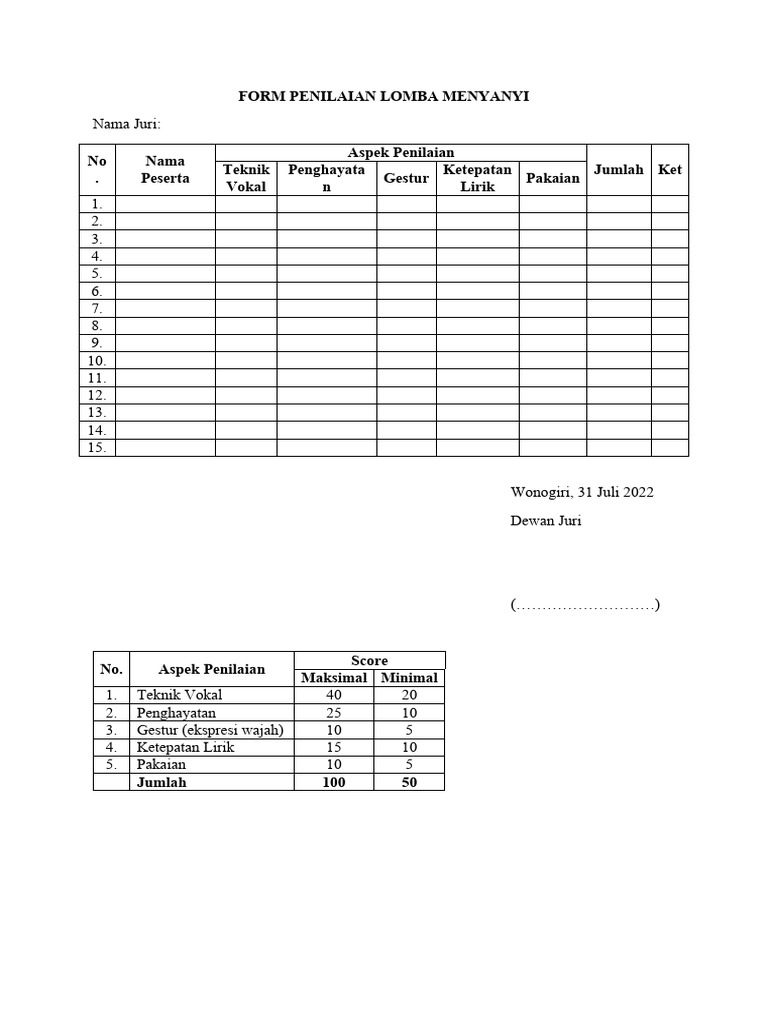 Form Penilaian Lomba Menyanyi | PDF