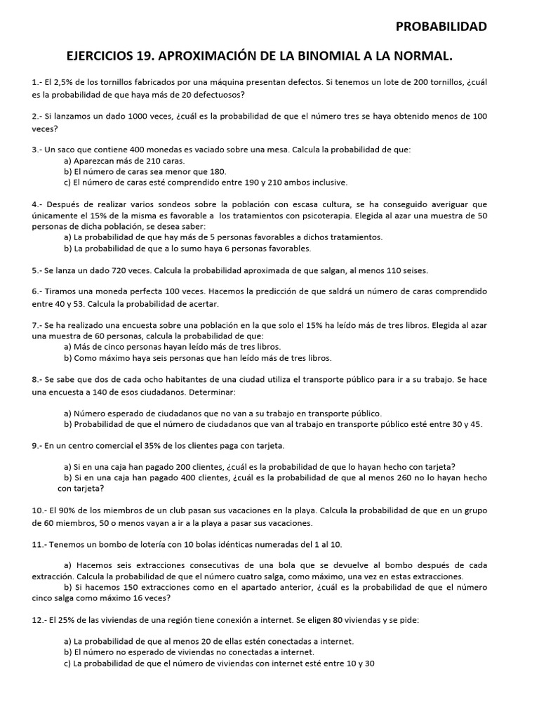 Ejercicios 19. Aproximación de La Binomial A La Normal | PDF | Probabilidad