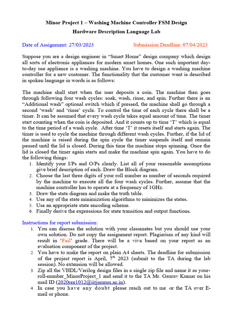 Washing Machine Controller Project PDF | PDF | Washing Machine | Timer