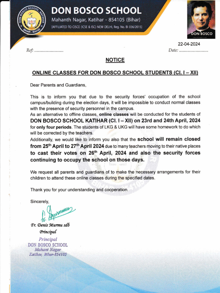 Notice-Online Classes in DBSK & Holidays On 25TH, 26TH, 27TH 20240422 ...