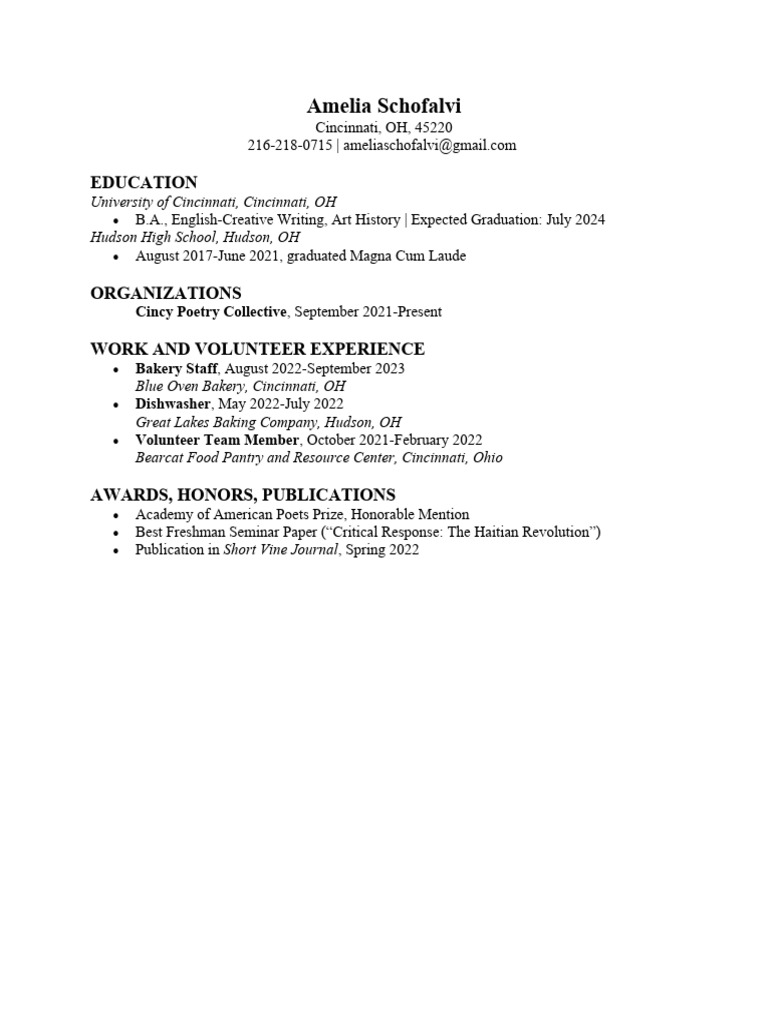 amelia schofalvi-assignment 2 resume and cover letter | PDF | Internship | Job Hunting