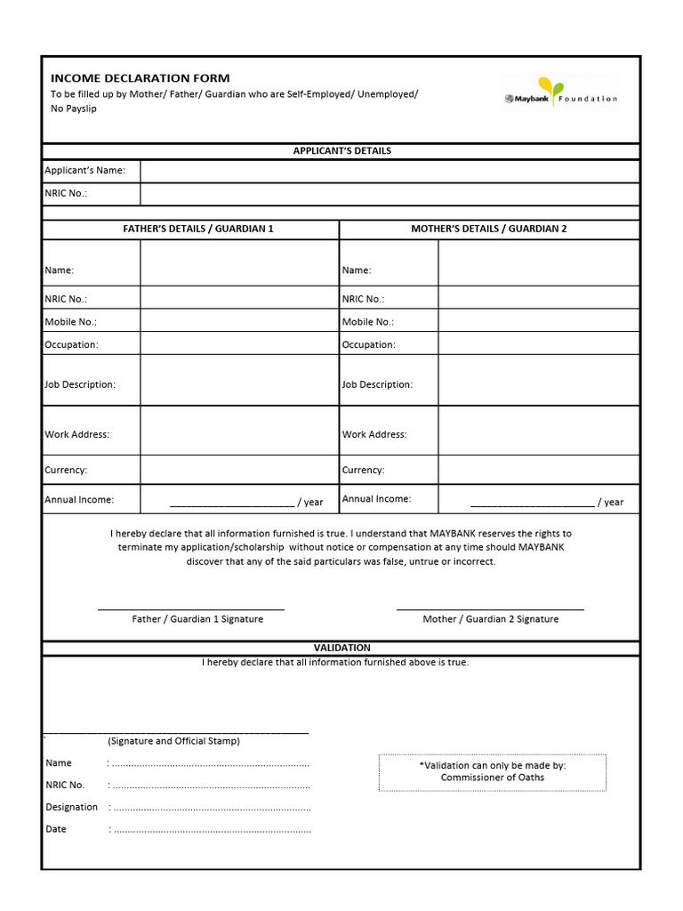 Maybank Scholarship_MGSP_Parents Income Declaration Form v1 | PDF ...