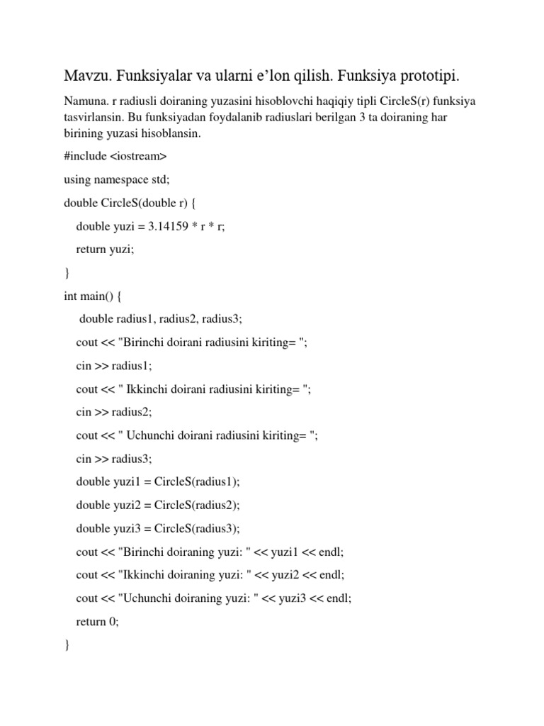 Funksiyalar Va Ularni E'lon Qilish. Funksiya Prototipi. | PDF