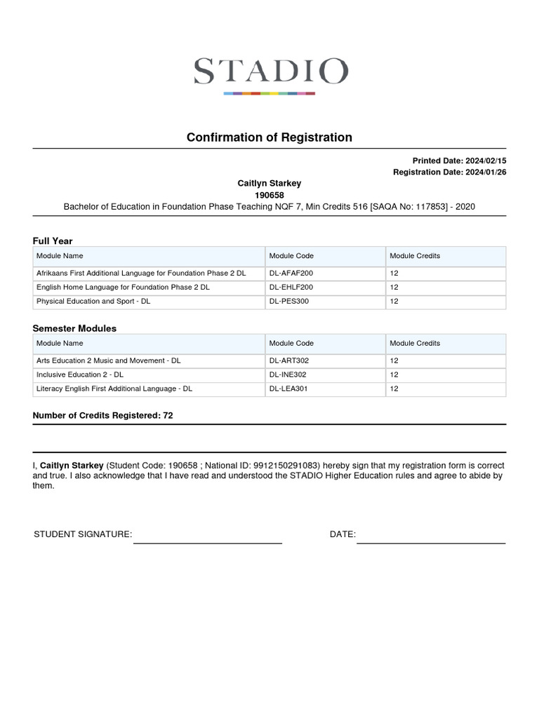 Bachelor of Education Registration Confirmation 2024 | PDF