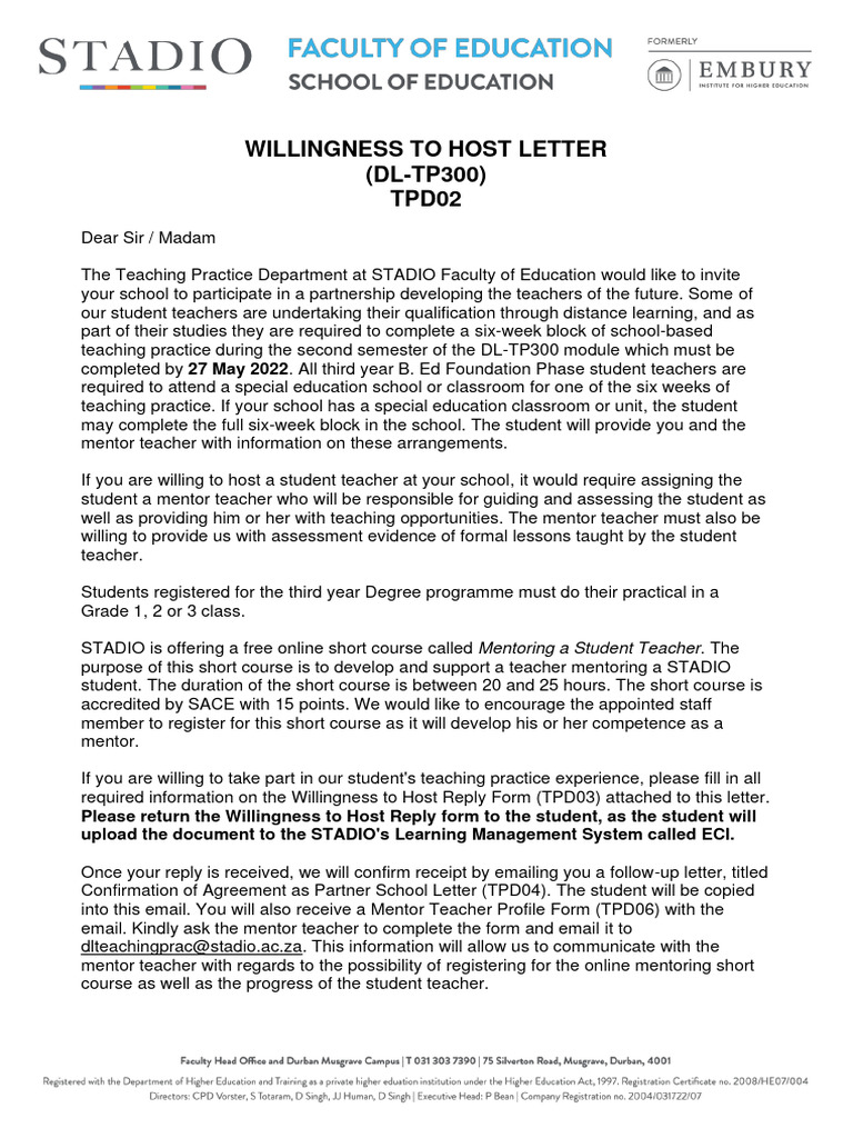 Willingness To Host Letter - 5 Week Mainstream and 1 Week LSEN Observations - Please Use The ...