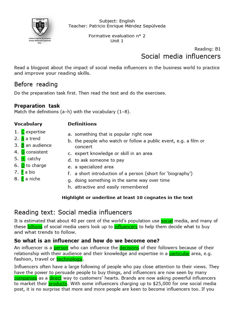 LearnEnglish-Reading-B1-Social-media-influencers - Responses | PDF ...