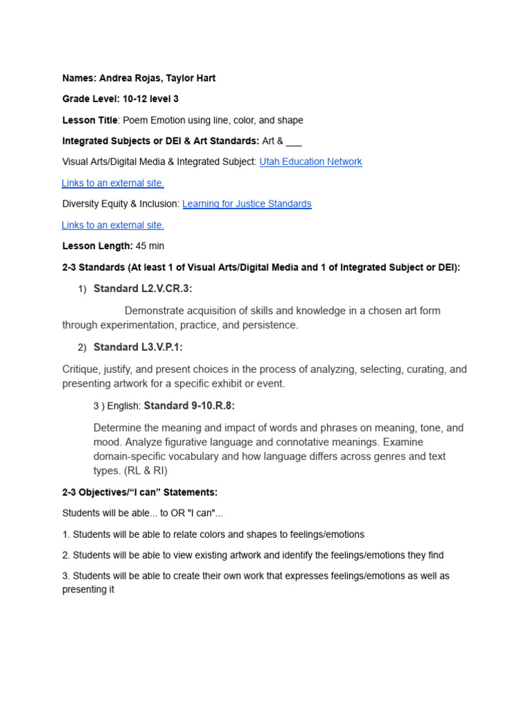 art3510 lesson plan | PDF | Learning | Cognition