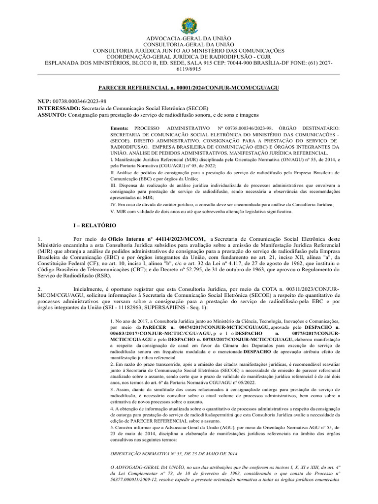 PARECER REFERENCIAL N. 00001 1 CONSIGNACAO | PDF | Governo
