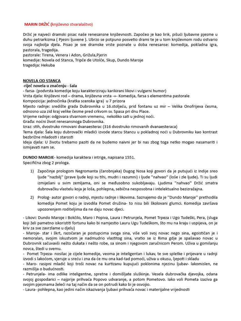 Marin Držić, Novela Od Stanca Dundo Maroje | PDF