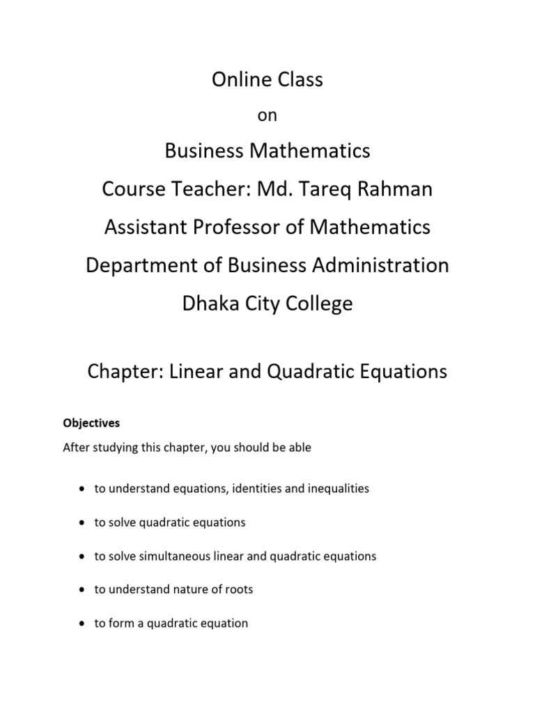 Business Mathematics: Equations Overview | PDF | Quadratic Equation | Equations