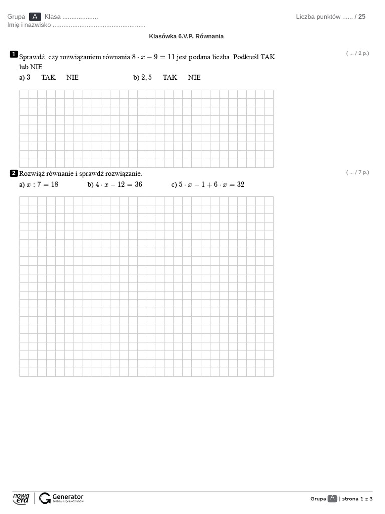 Klasówka 6.V.P. Równania Test (Z Widoczną Punktacją) | PDF
