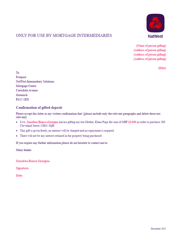 Gifted Deposit Confirmation Letter | PDF