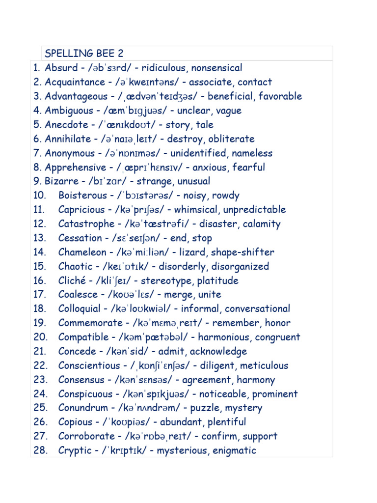 Vocabulary for Spelling Bee Enthusiasts | PDF