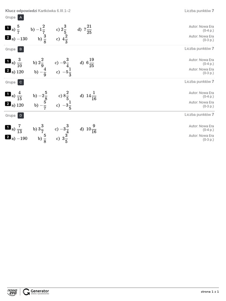 Kartkówka 6.III.1-2 Klucz Odpowiedzi | PDF
