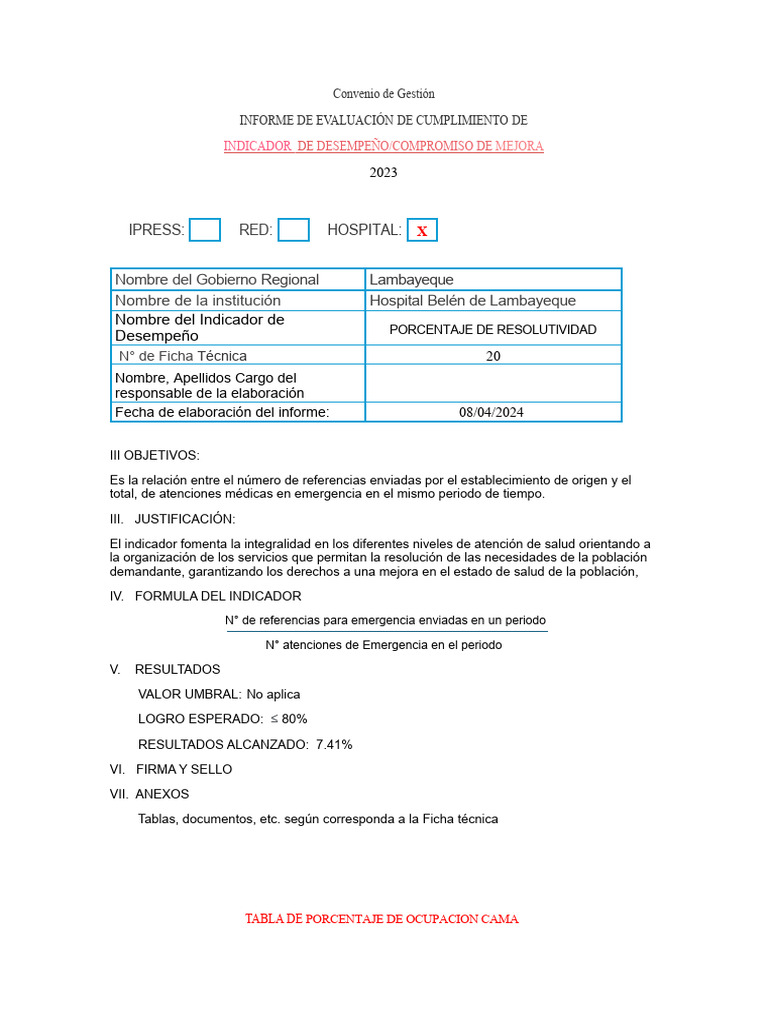 Indicador de Desempeño Compromiso de Mejora Ficha 20 | PDF | Hospital