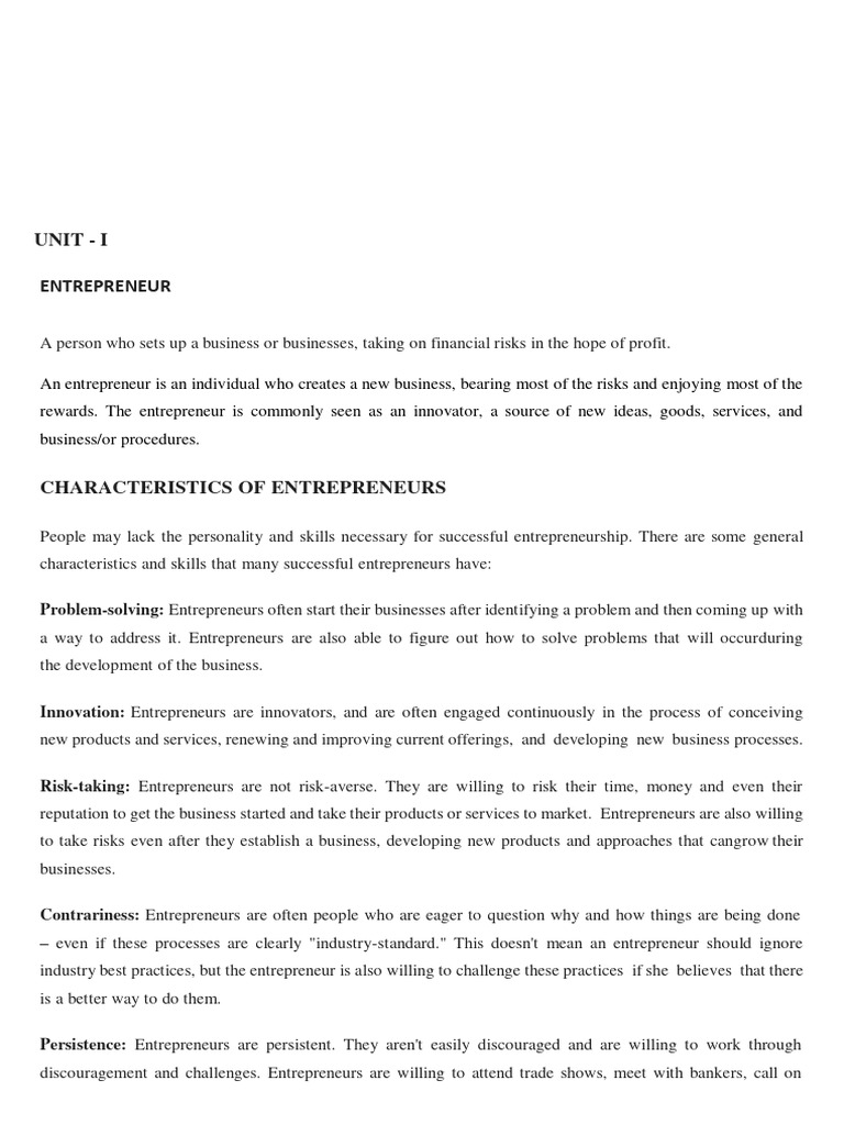 Unit 1 Entrepreneurial Development | PDF | Entrepreneurship | Risk