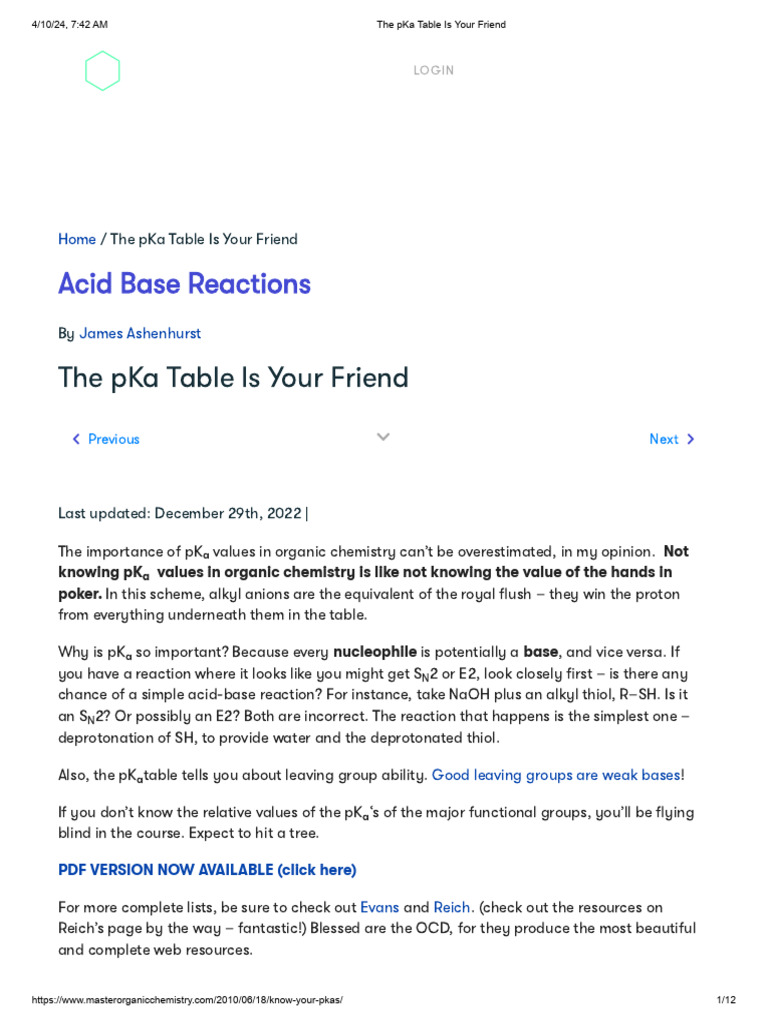 The Pka Table Is Your Friend | PDF | Acid Dissociation Constant ...