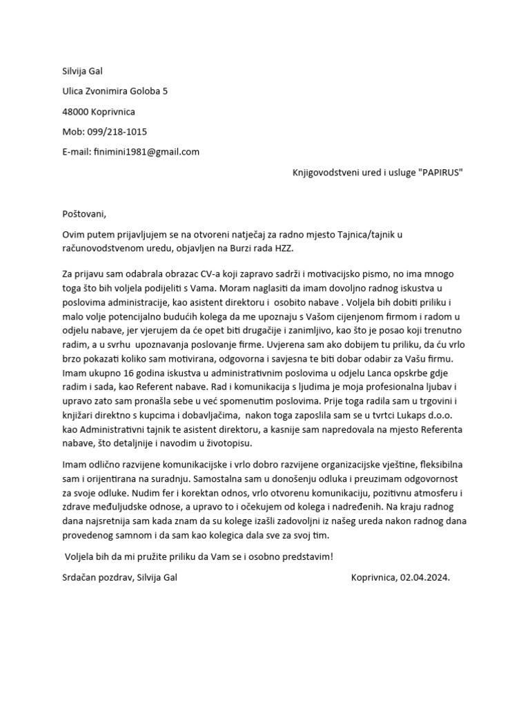 Motivacijsko Pismo Silvija Gal | PDF