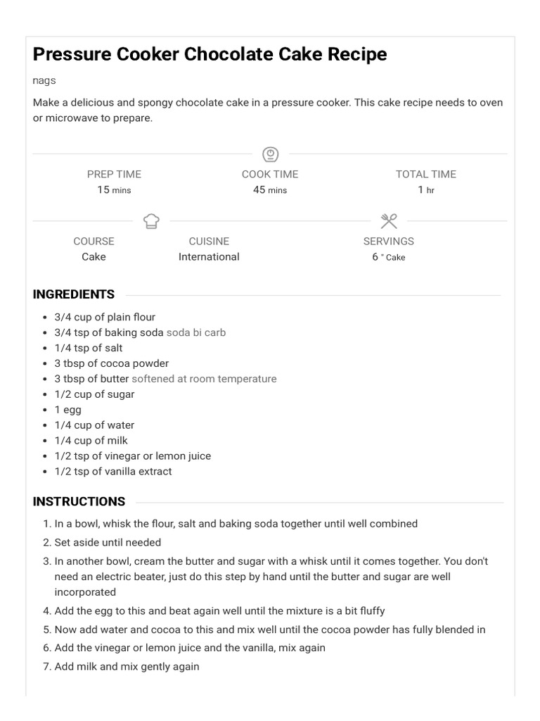 Pressure Cooker Chocolate Cake Recipe - Edible Garden | PDF | Cakes ...