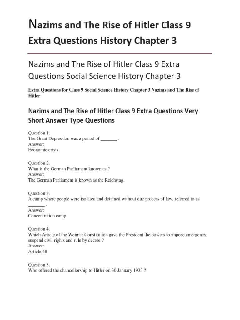Class 9 History: Nazi Germany Questions | PDF | Nazi Germany | Adolf Hitler