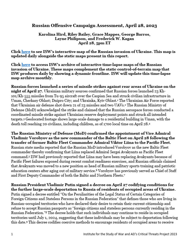 NEW AO APR 28 Russian Offensive Campaign Assessment PDF | Download Free ...