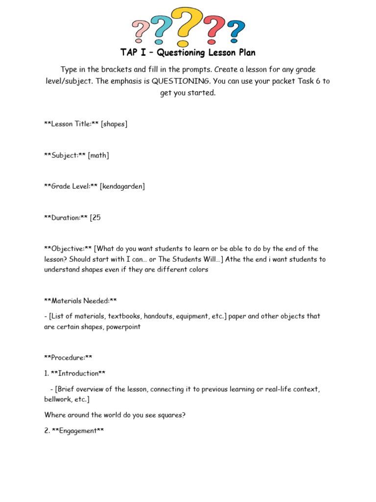 Tap I - Questioning Lesson Plan | PDF | Lesson Plan | Human Communication