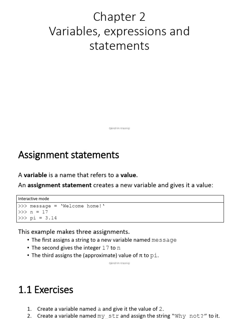 Variables Expressions And Statements Pdf Python Programming Language Variable Computer