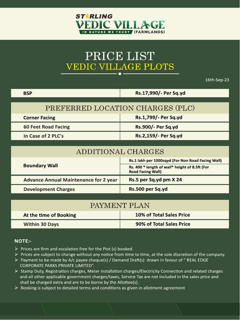 Starling Vedic Village Price List | PDF