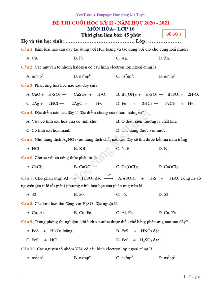 Hoá hk2 Đề 1 | PDF