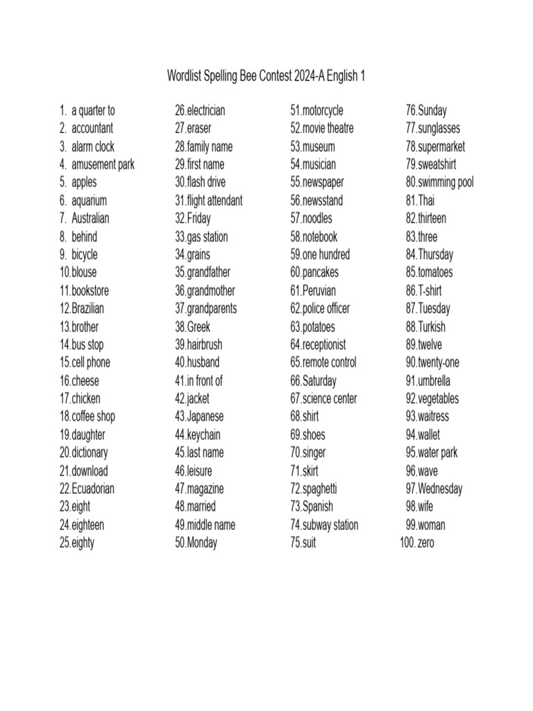 Wordlist Spelling Bee 2024-A English1 | PDF