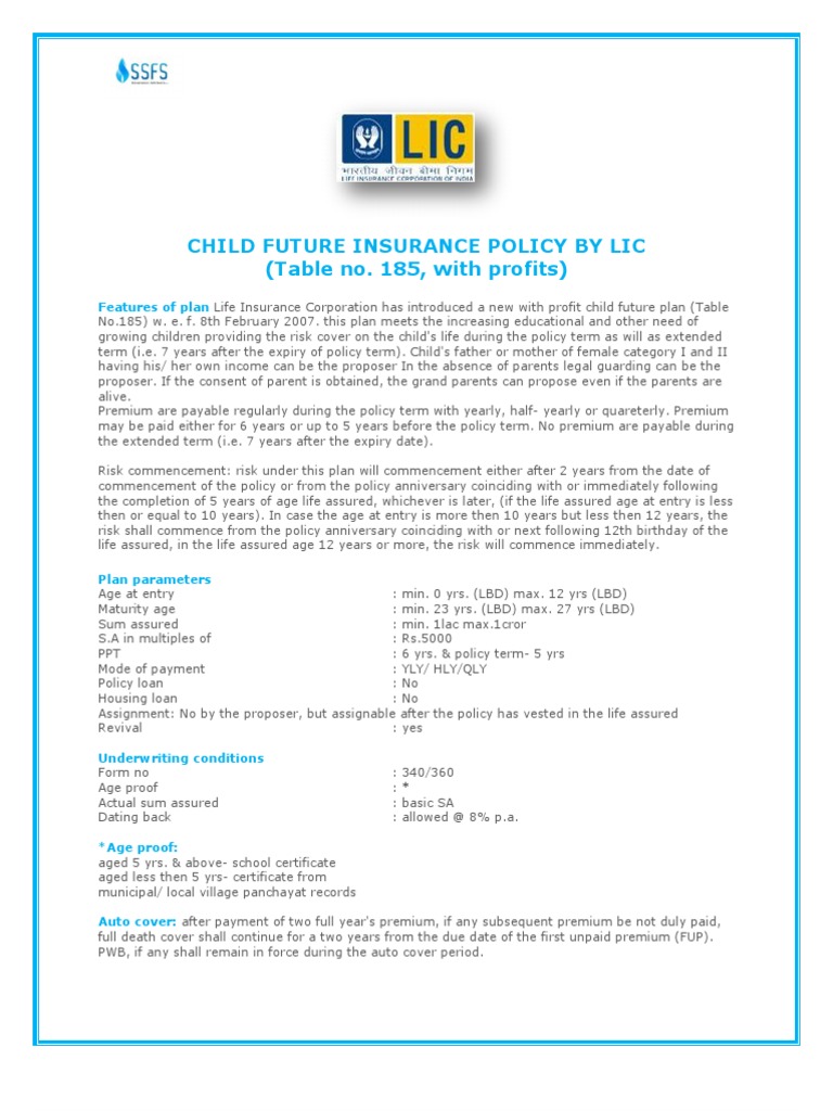 LIC Child Future Plan 185 Details | PDF | Life Insurance | Insurance