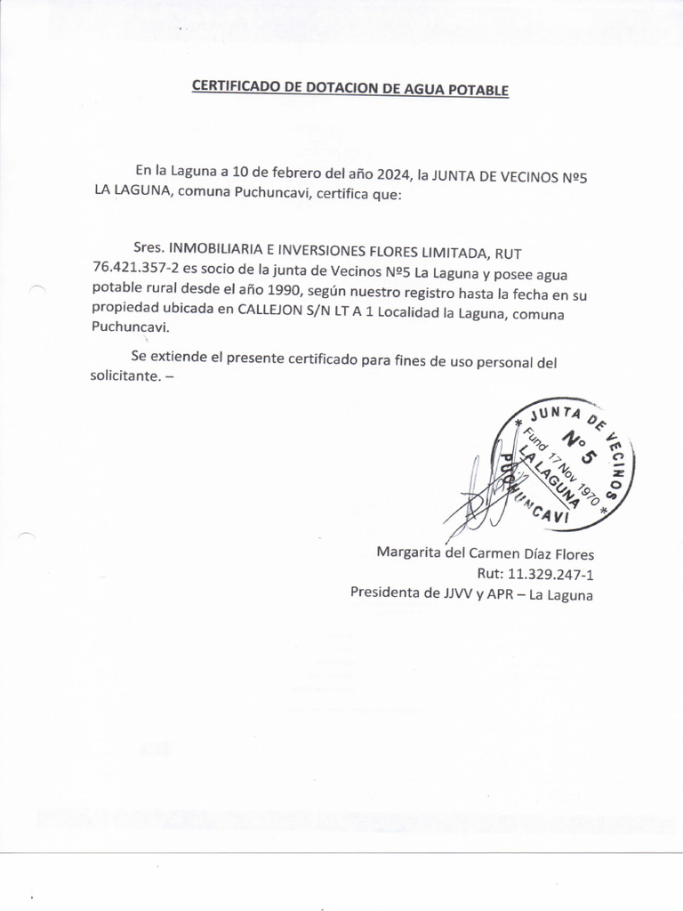 Certificado Dotación Agua Potable Rural | PDF