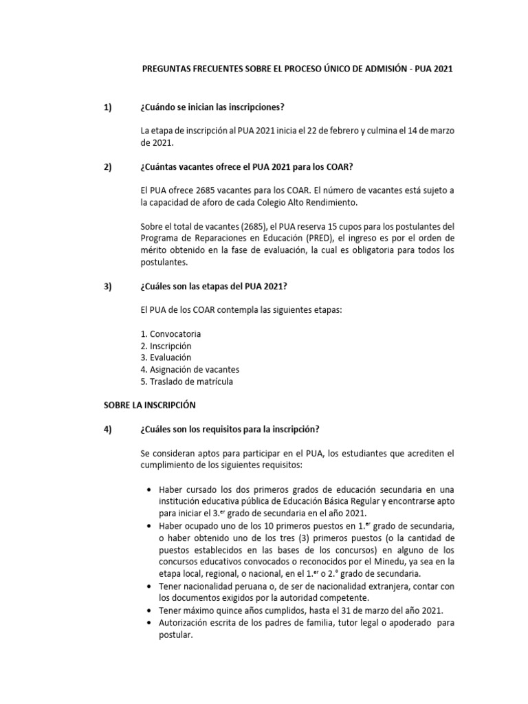 Preguntas Frecuentes Pua 2021 | PDF | Educación Secundaria | Evaluación
