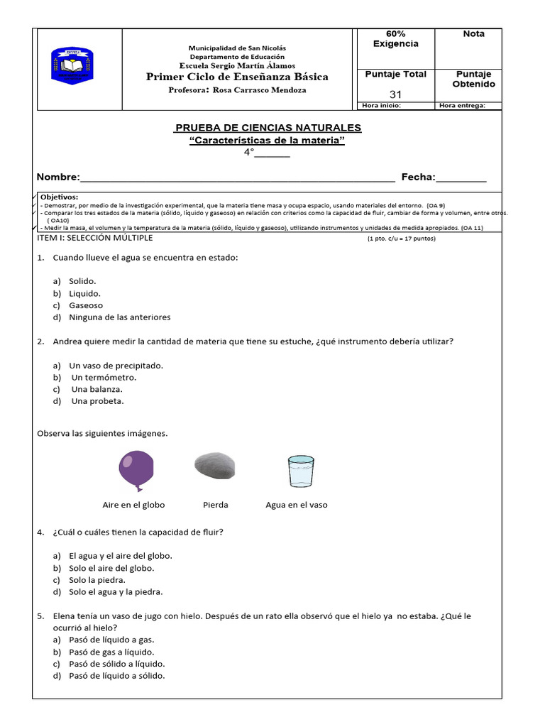 Prueba, Características de La Materia | PDF | Litro | Gases