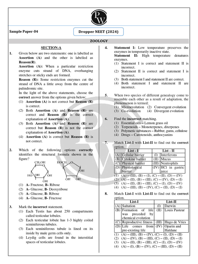 Sample Paper 04 - Dropper NEET 2024 - Zoology - Vijay Gupta - Questions 1 | PDF | Epithelium ...