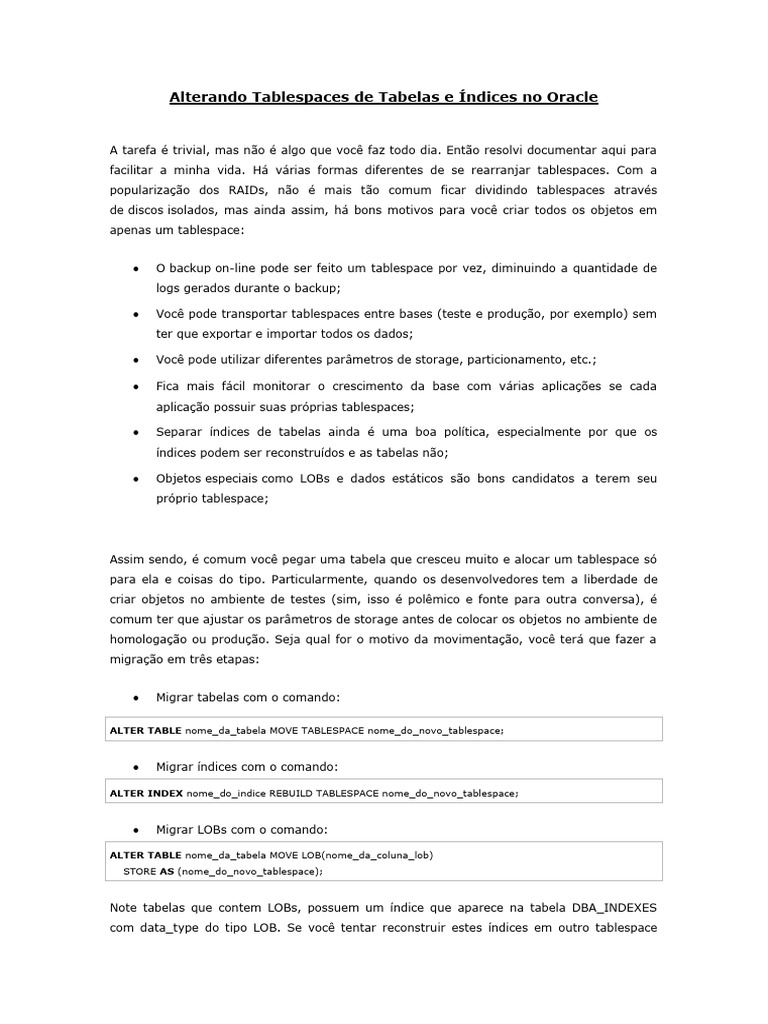 Alterando Tablespaces de Tabelas e Índices No Oracle | PDF | Informática
