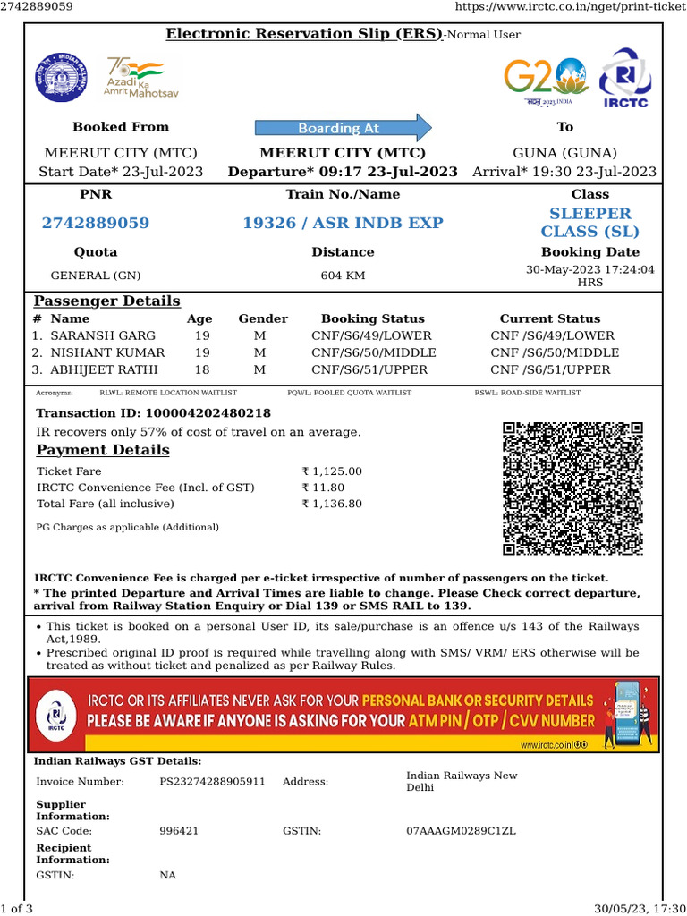 Asr Indb Exp Sleeper Class (SL) | PDF | Identity Document | Payments