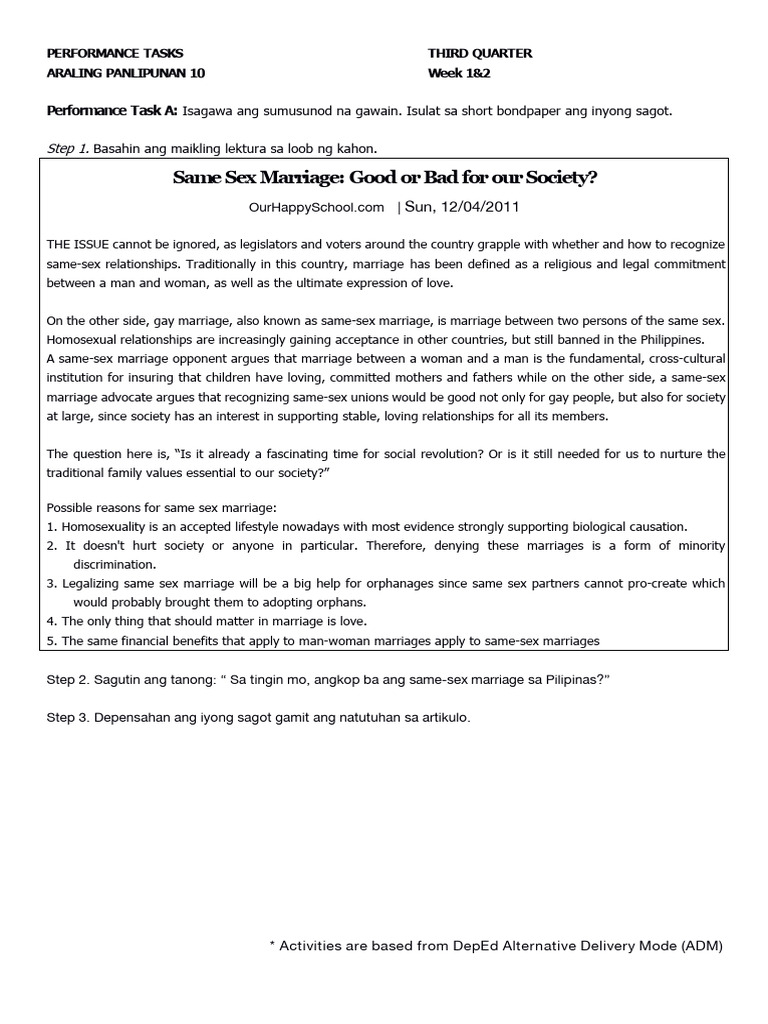 AP Performance Task Q3 W1 2 | PDF | Same Sex Marriage | Homosexuality