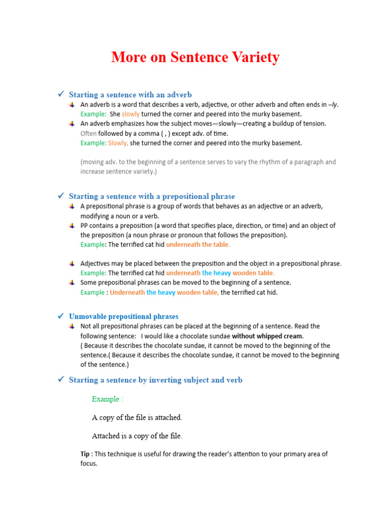Sentence Variety | PDF | Adverb | Preposition And Postposition