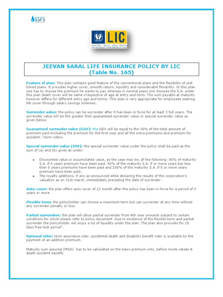 LIC Jeevan Saral Plan 165 Overview | PDF | Life Insurance | Insurance